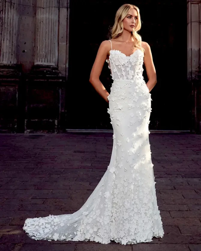 Backless Lace Wedding Dress with Cape and Spaghetti Straps
