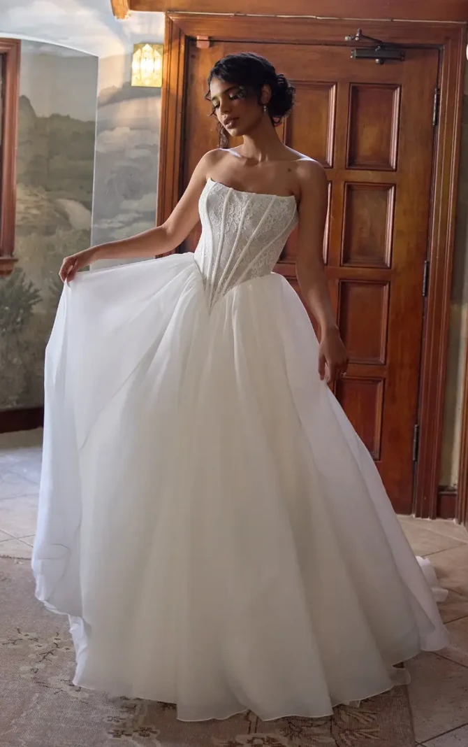 Strapless Lace Ballgown with Basque Waist and Organza Skirt